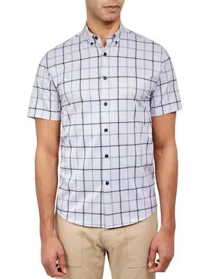 BROOKLYN BRIGADE Slim Fit Gowanus Textured Grid 4-way Stretch Performance Short Sleeve Shirt - Navy/blue