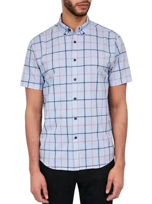 BROOKLYN BRIGADE Slim Fit Gowanus Textured Grid 4-way Stretch Performance Short Sleeve Shirt - Navy/pink