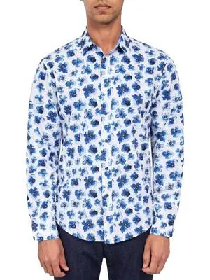 BROOKLYN BRIGADE Slim Fit Watercolor Floral 4-way Stretch Performance Long Sleeve Shirt - Blue