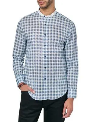 BROOKLYN BRIGADE Slim Fit Check Print Linen Cotton Banded Collar Long Sleeve Shirt - Blue