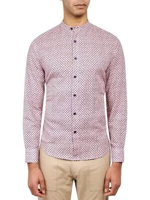 BROOKLYN BRIGADE Slim Fit Geo Linen Cotton Banded Collar Long Sleeve Shirt - Navy/pink
