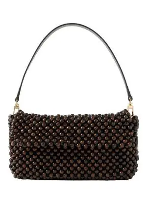 Staud STAUD Timmy Leather-Trimmed Beaded Shoulder Bag Dark Brown