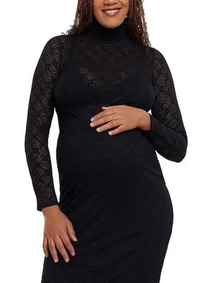 Motherhood Maternity Long Sleeve Bodycon Mesh Maternity Top - Black Lace