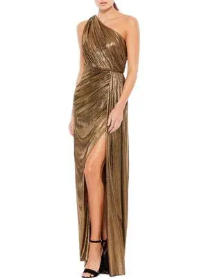 Mac Duggal Metallic One-shoulder Draped Evening Gown - Antique Gold