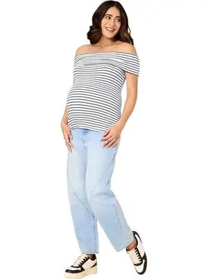 Motherhood Maternity Rib Knit Off The Shoulder Top - White & Black Stripe