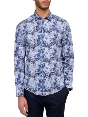 BROOKLYN BRIGADE Slim Fit Abstract Leaf Recycled 4-way Stretch Performance Long Sleeve Shirt - Lt Blue