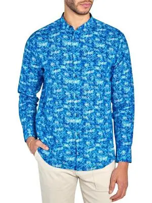 BROOKLYN BRIGADE Slim Fit Abstract Leaves Linen Cotton Banded Collar Long Sleeve Shirt - Light Blue/navy