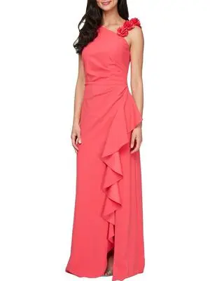 Alex Evenings Floral Strap Ruffle Detail Gown - Coral