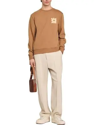 Sandro Cotton Brushed Fleece Sweatshirt With Flower Patch - Nut