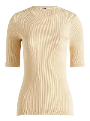 Auralee Cotton Rib Knit T-shirt - Yellow Beige