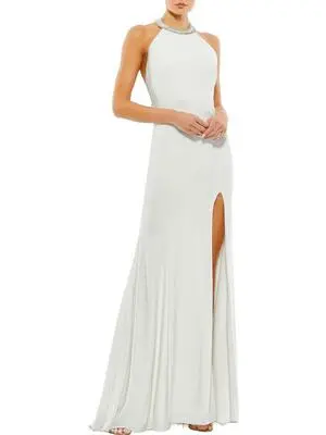 Mac Duggal Embellished Halter Jersey Gown - White