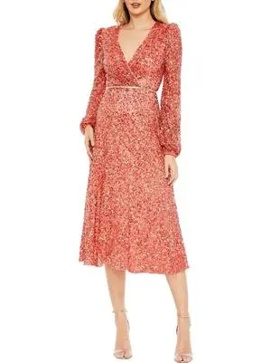 Mac Duggal Sequin A-line Wrap Dress With Puff Sleeves - Coral