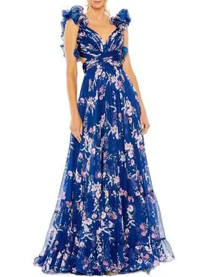 Mac Duggal Mac Duggal Ruffle Tiered Floral Cut-Out Chiffon Gown Blue Multi