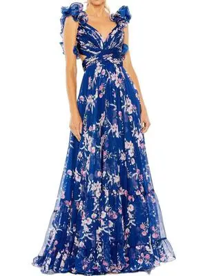 Mac Duggal Ruffle Tiered Floral Cut-out Chiffon Gown - Blue Multi