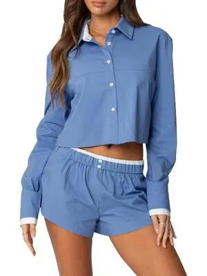 EDIKTED Danette Cotton Crop Button-up Shirt - Blue
