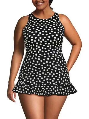 LANDS' END High Neck Racerback Midkini Top - Black/egret White Tossed Dots