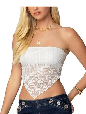 EDIKTED Sheer Lace Handkerchief Top - White