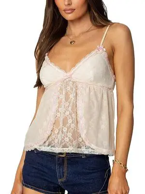 EDIKTED Ribbon Sheer Lace Babydoll Top - Cream