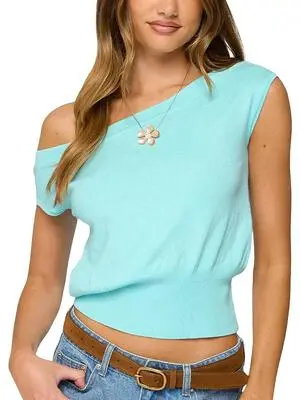 EDIKTED Michaela Off-shoulder Knit Top - Turquoise