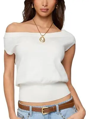 EDIKTED Michaela Off-shoulder Knit Top - White