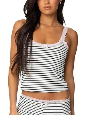 EDIKTED Sofi Striped Ribbed Tank Top - White-and-black