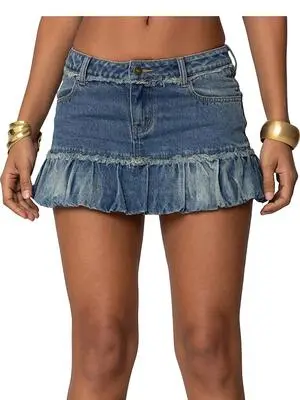 EDIKTED Bubble Hem Denim Mini Skirt - Blue-vintage-washed