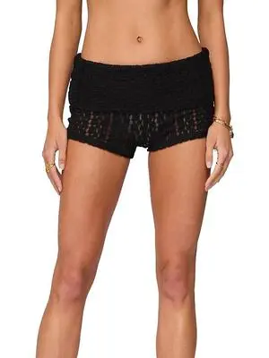EDIKTED Sheer Textured Fold Over Shorts - Black