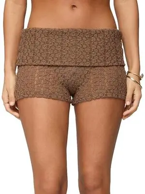 EDIKTED Sheer Textured Fold Over Shorts - Brown