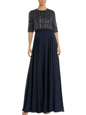 Mac Duggal Beaded 3/4 Sleeve Chiffon Gown - Midnight