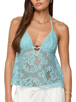 EDIKTED Sheer Crochet Babydoll Halter Top - Turquoise