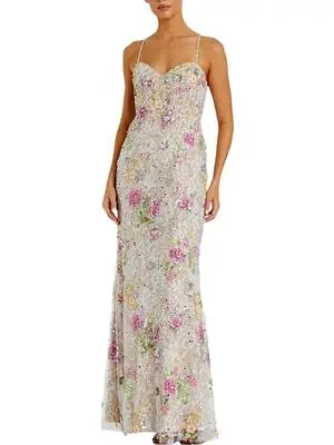 Mac Duggal Floral Embellished Bustier Gown - Ivory Multi