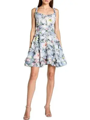 Mac Duggal Floral Mini Dress With Ruffle Detailing - Platinum Multi