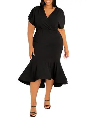 BUXOM COUTURE Wrap Front Flounce Hem Midi Dress - Black