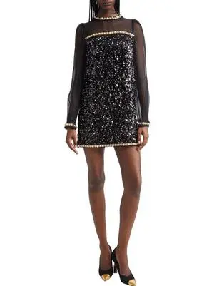 Balmain Embellished Long Sleeve Shift Dress - Black Multi
