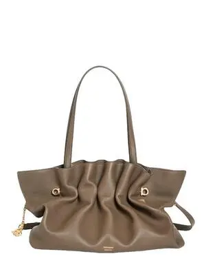 FERRAGAMO Large Gancio Piercing Leather Shoulder Bag - Concrete