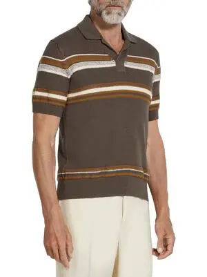 Zegna Stripe Cotton & Silk Polo Sweater - Dark Beige Stripe