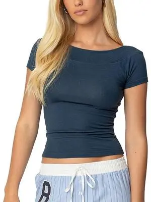 EDIKTED Becca Boat Neck Top - Navy