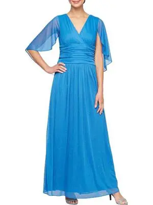 SL FASHIONS Shimmer Capelet Gown - Mid Blue