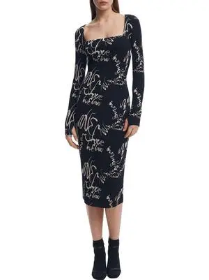 Desigual Love Print Long Sleeve Body-con Midi Dress - Black