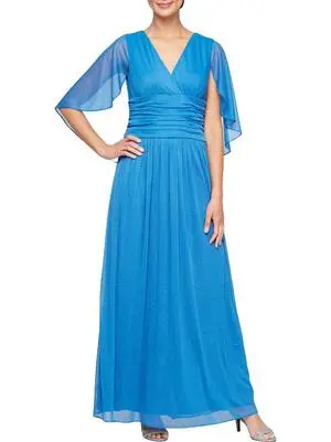SL FASHIONS Shimmer Capelet Gown - Mid Blue