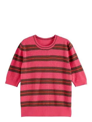 Scotch & Soda Relaxed Pointelle Short Sleeve Sweater - Electric Pink Stripe