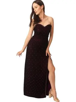 RAAS Lavina Velvet Long Dress With Slit - Wine
