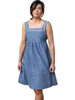 HOPE & HENRY Organic Chambray Dress With Embroidery - Blue Chambray