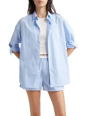 SPORTY & RICH Src Stripe Oversize Cotton Poplin Button-up Shirt - Light Blue Striped