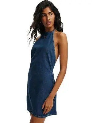 COTTON ON Halter Denim Mini Dress - Grotto Blue