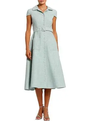 Mac Duggal Belted Boucle Cap Sleeve Midi Dress - Seafoam
