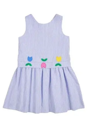 FLORENCE EISEMAN Seersucker Dress With Tulip Appliqués - Blue / White