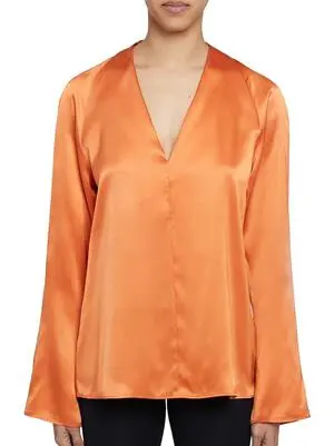 Santorelli Zuri Long Sleeve Silk Charmeuse Blouse - Orange Glow