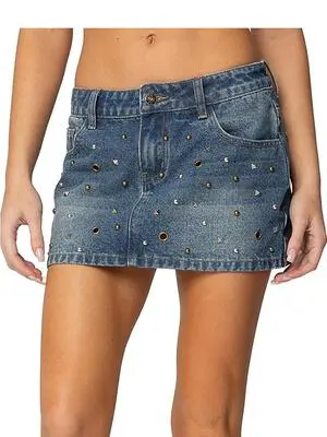 EDIKTED Ruari Studded Denim Mini Skirt - Blue-washed
