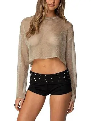 EDIKTED Aviva Cropped Metallic Knit Top - Gold